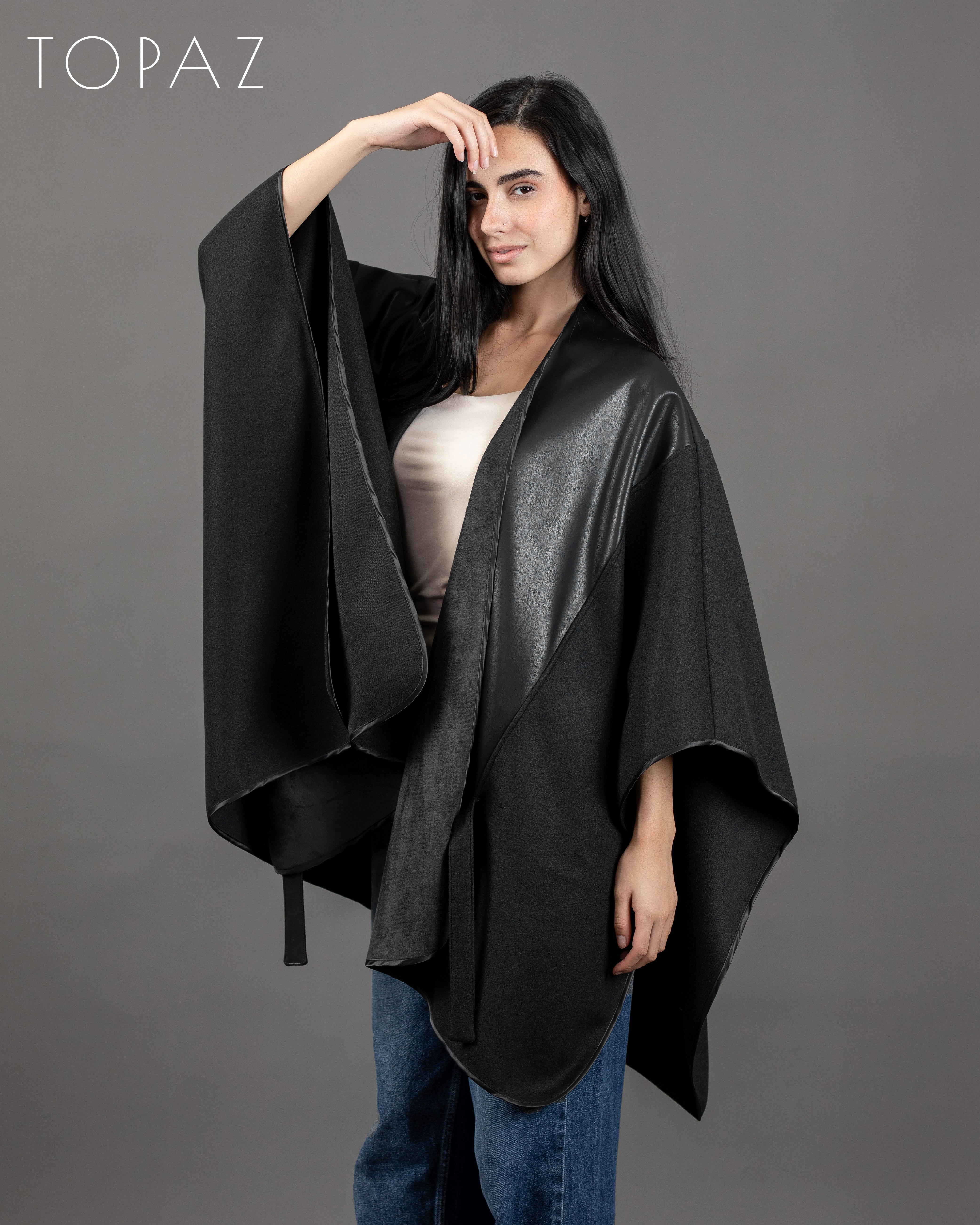Poncho With Leather Panels – Topaz